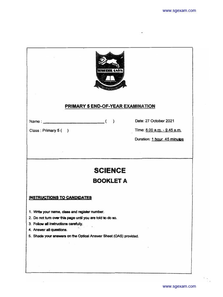 Primary 5 Science Exam 2021 | PDF