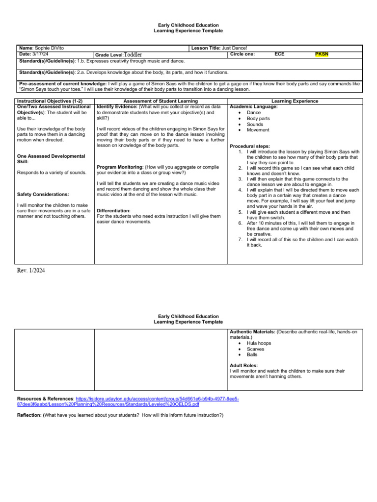 Ece Lesson Plan Template Dance | PDF | Dances | Behavioural Sciences