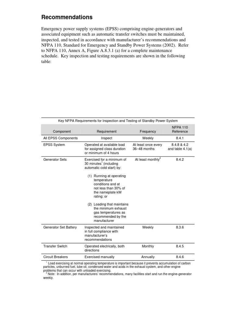 Resumo NFPA 110 Manutenção Geradores | PDF | Electric Power ...
