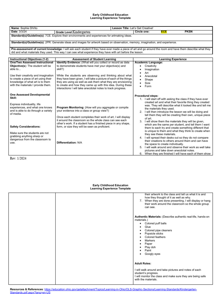 ece lesson plan template visual arts | PDF | Experience | Learning
