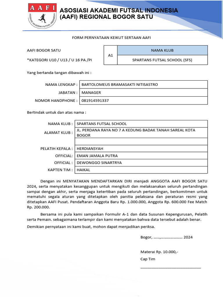 Pendaftaran Spartans Futsal di AAFI Bogor | PDF | Olahraga & Rekreasi