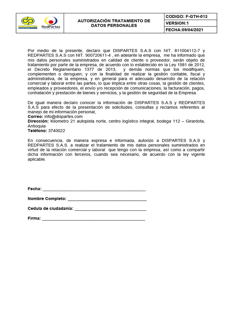 Autorizacion Tratamiento de Datos Personales 6 | PDF | Business