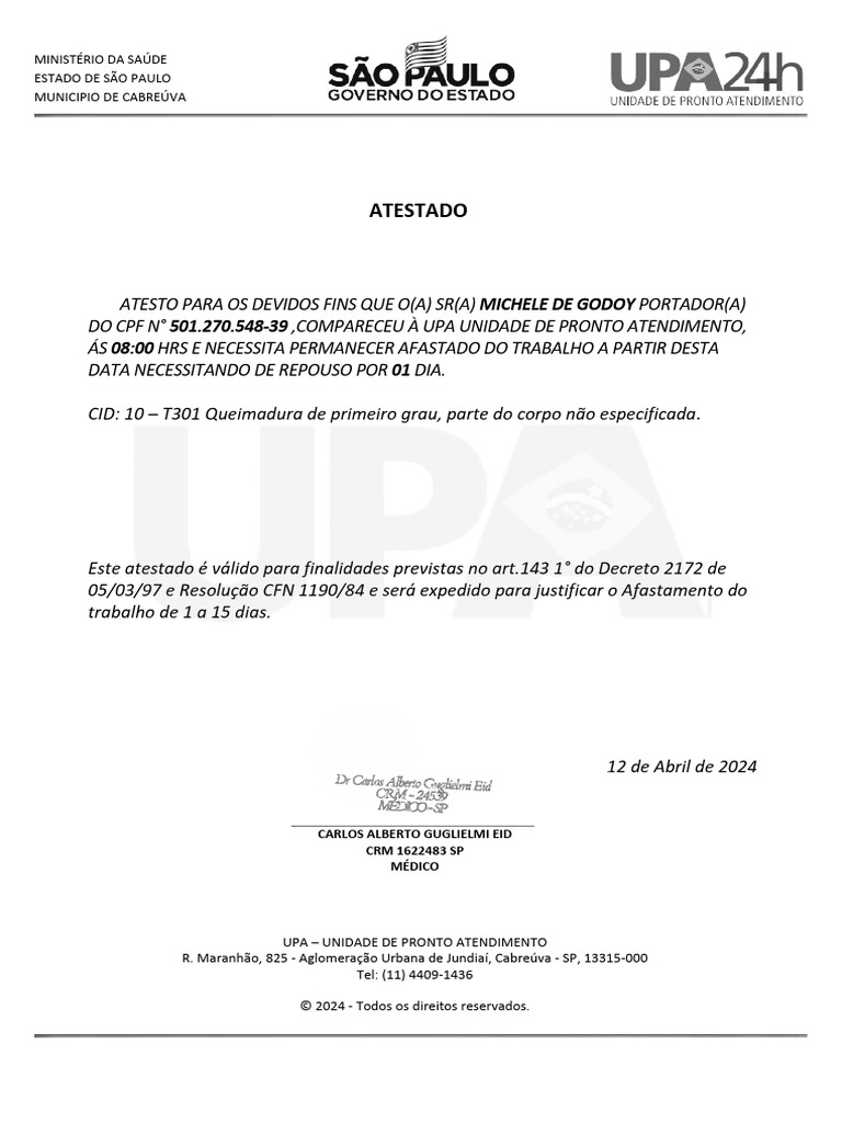 Atestado Médico SP - (Michele de Godoy) | PDF