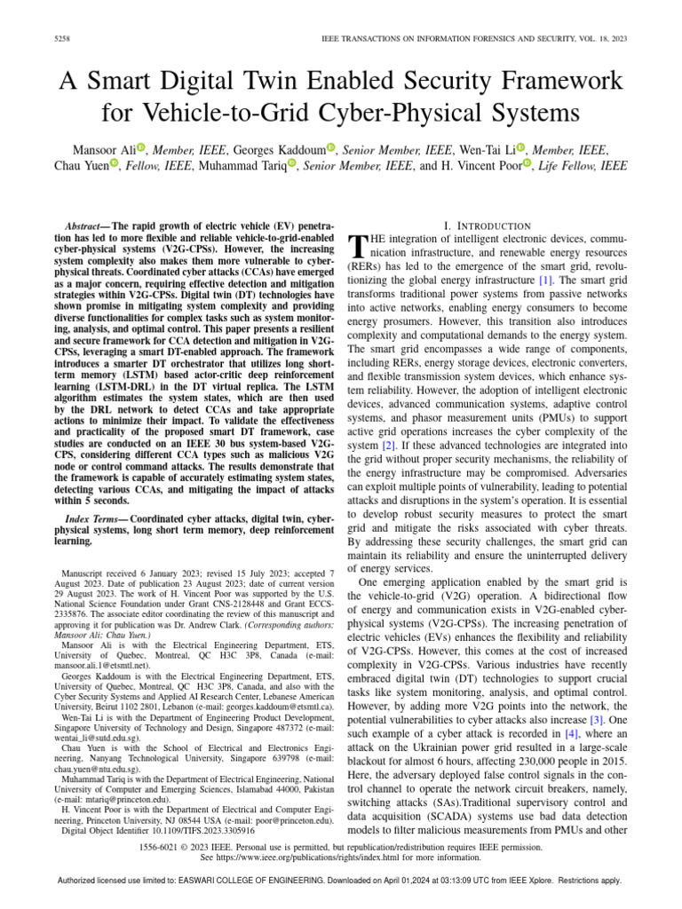 A Smart Digital Twin Enabled Security Framework For Vehicle-to-Grid Cyber-Physical Systems | PDF ...