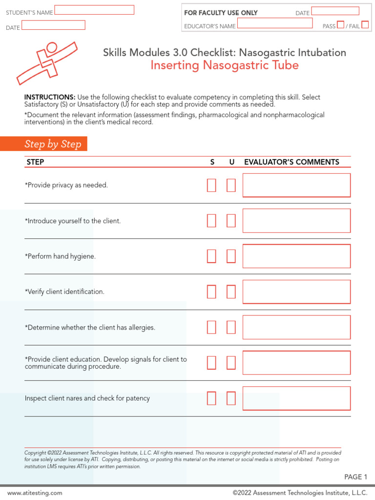 Skills Checklist Nasogastric Inserting | PDF | Clinical Medicine