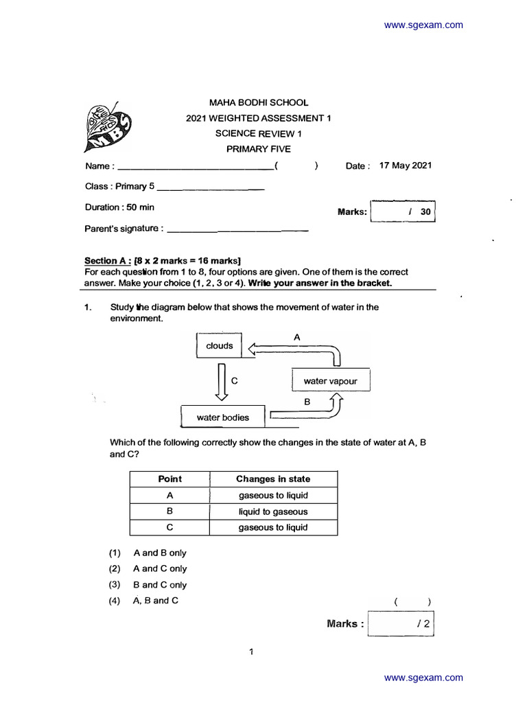 2021 P5 Science Weighted Assessment 1 Maha Bodhi | PDF