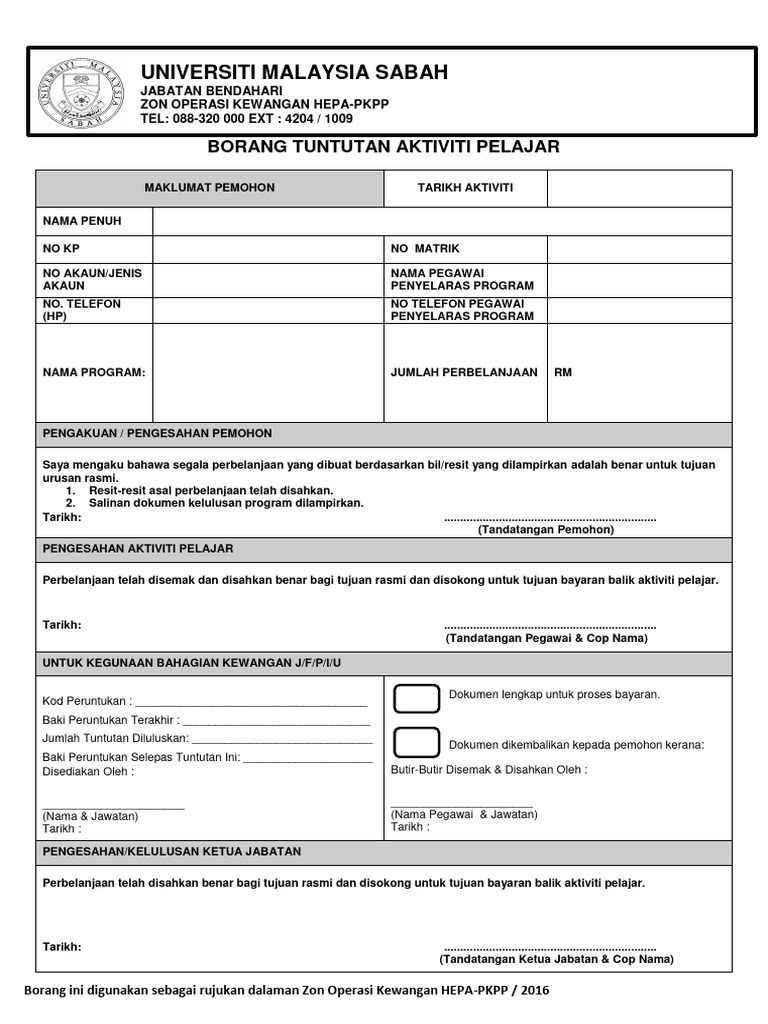 Borang Tuntutan Aktiviti Pelajar | PDF