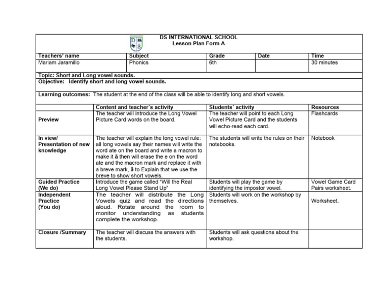 Long and Short Vowel Lesson Plan | PDF