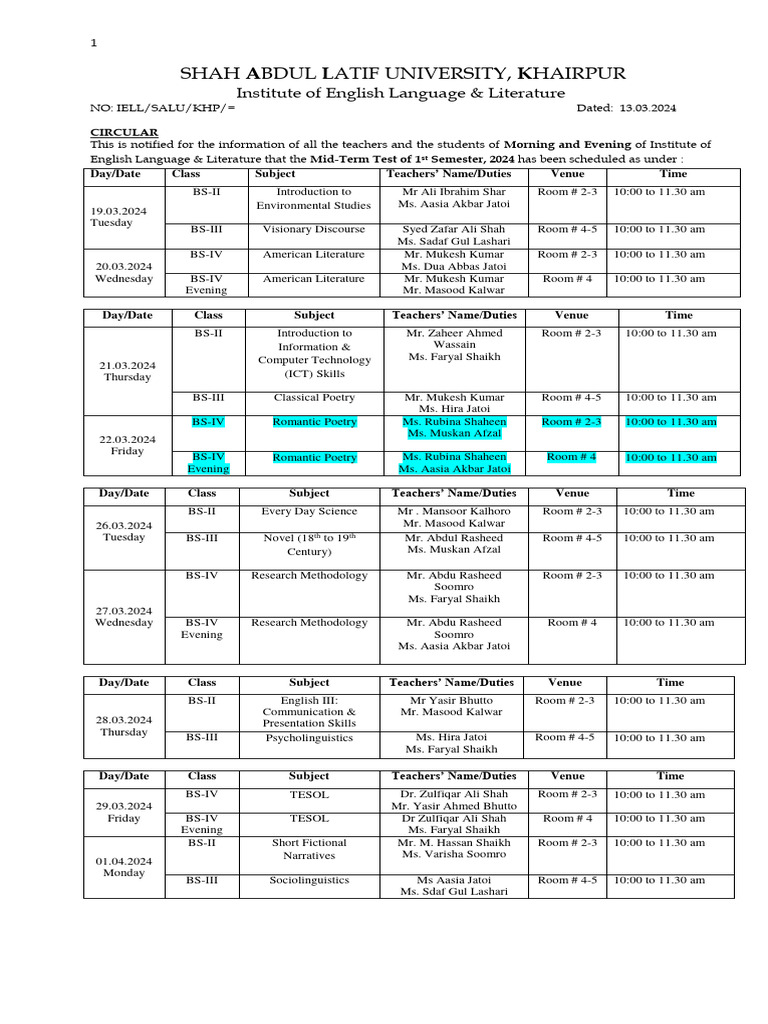 Mid Term Time Table For The 1st Semester 2024 | PDF | Linguistics ...