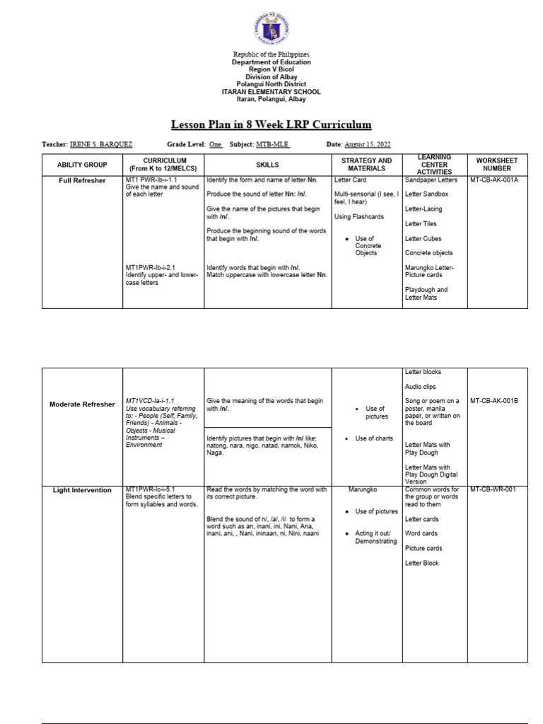 8wk LRPLesson Plan - Irene S. Barquez | PDF | Cognition | Behavior Modification
