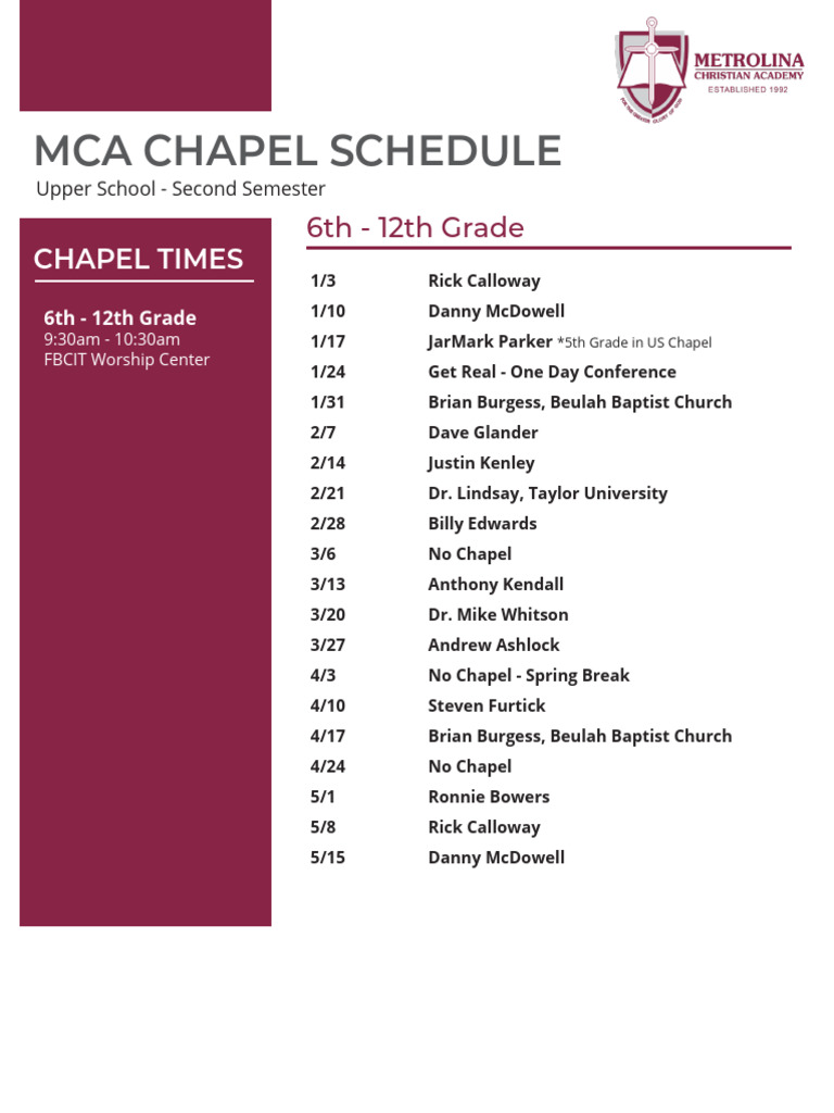 Mca Chapel Schedule: 6th - 12th Grade | PDF