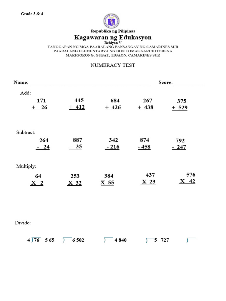 NUMERACY TEST Grade 3 4 | PDF