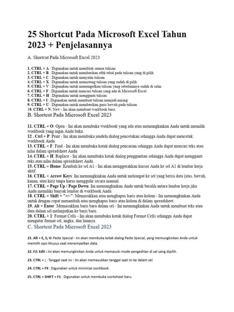 25 Shortcut Pada Microsoft Excel Tahun 2023 | PDF
