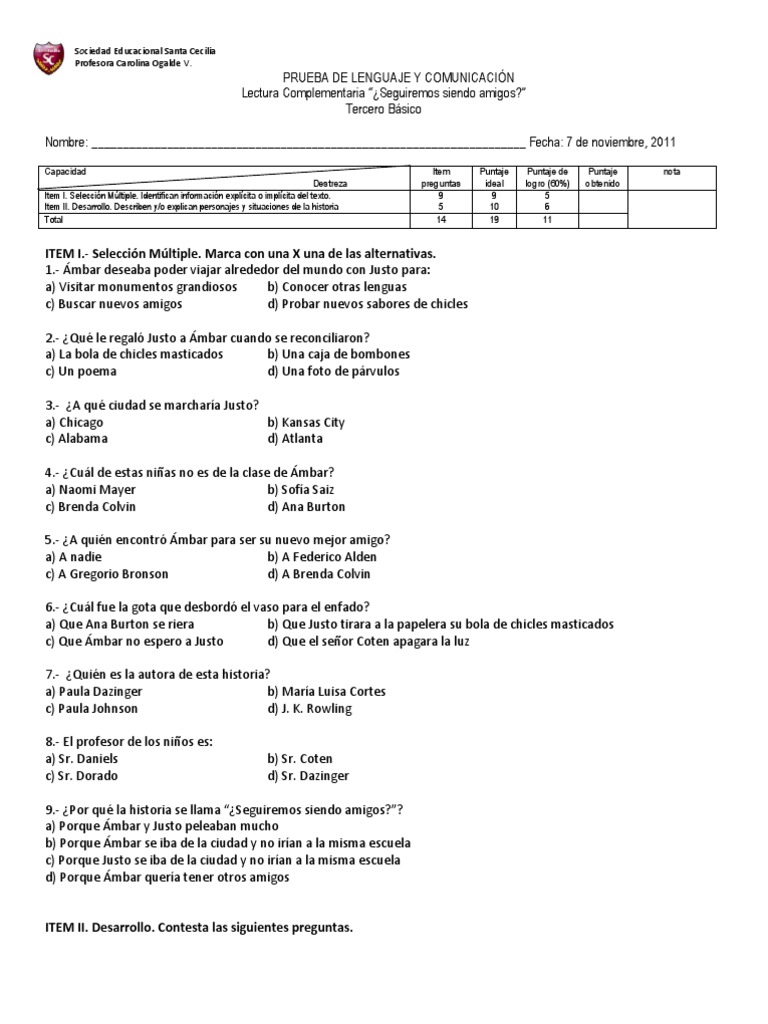 Prueba Seguiremos Siendo Amigos | PDF | Libros para adolescentes ...