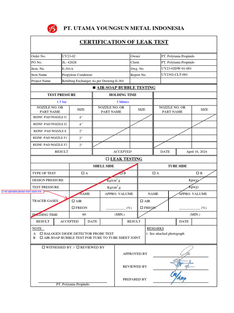 Leak Test Report for Propylene Condenser | PDF | Gases | Mechanical ...