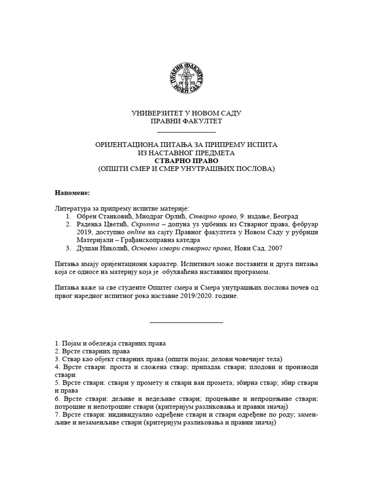 Stvarno Pravo-Ispitna Pitanja | PDF