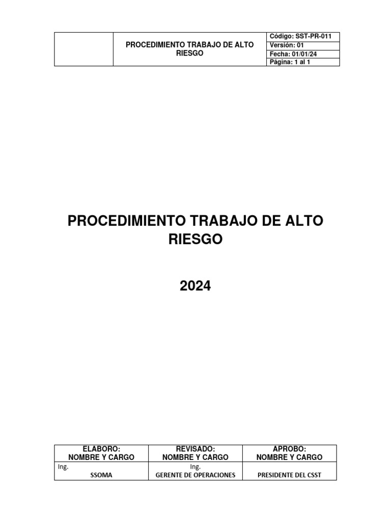Procedimiento de Trabajo de Alto Riesgo | PDF