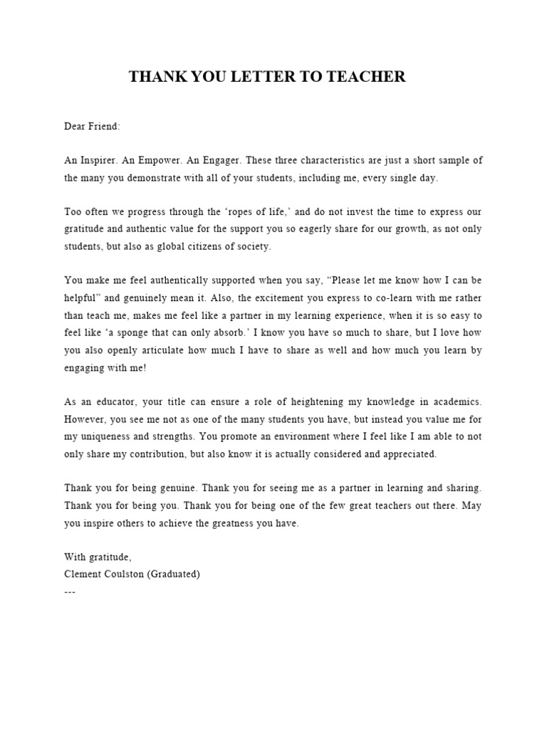 Heartfelt Thank You Letter to Teacher | PDF