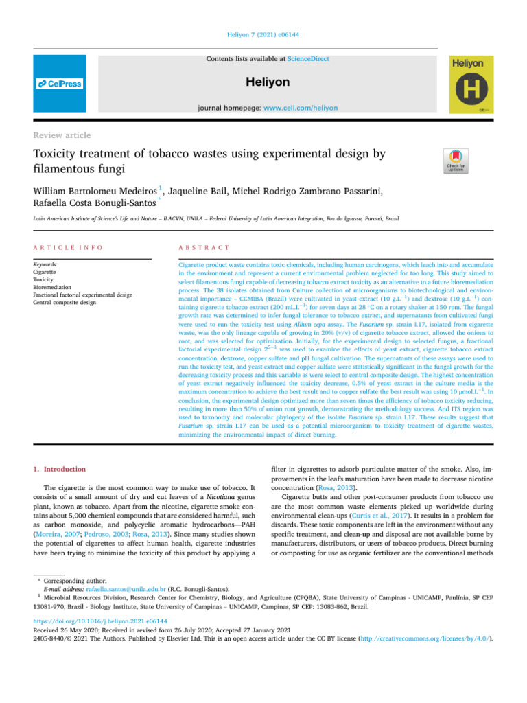 Toxicity Treatment of Tobacco Wastes Using Experimental Design by ...