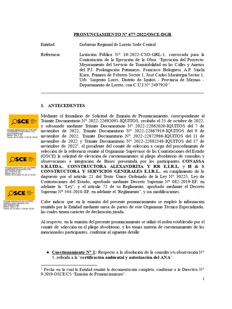 Pronunciamiento #477-2022 - OSCE-DGR PDF | PDF | Evaluación de impacto ambiental | Alcantarillado
