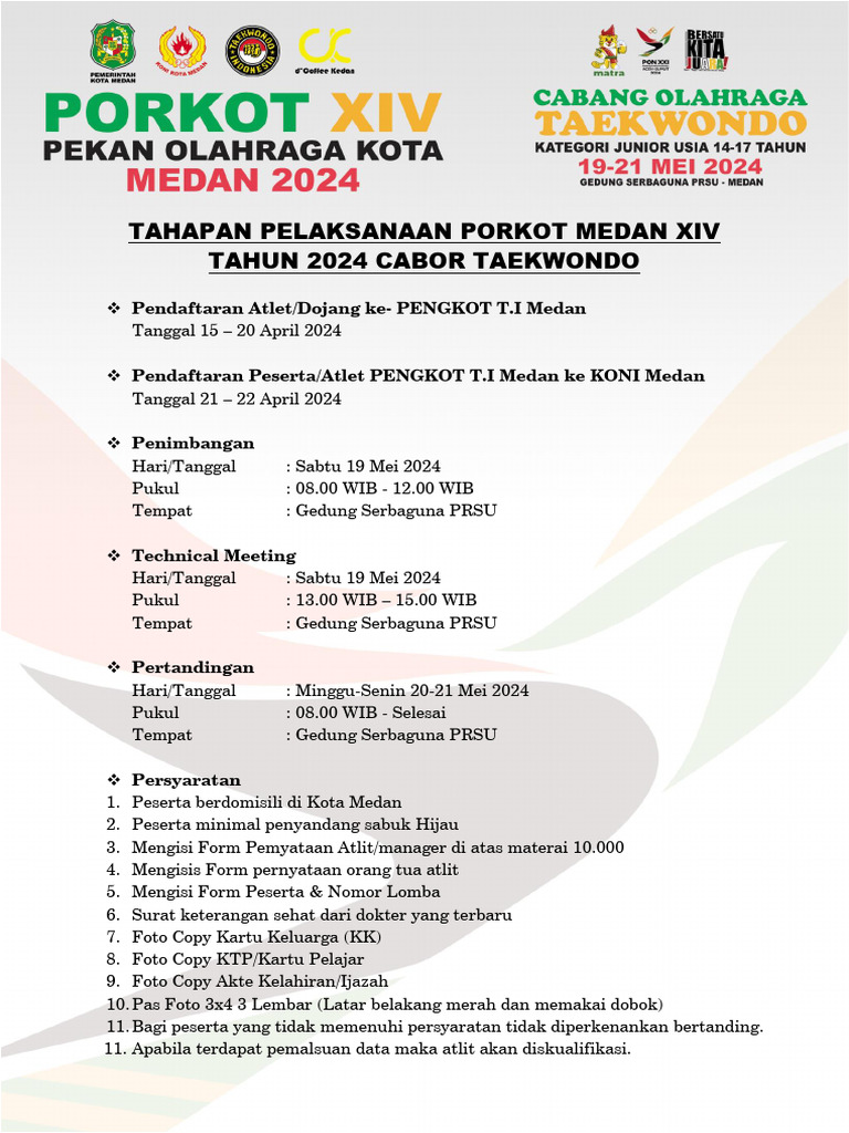 Pelaksanaan PORKOT Medan 2024 Taekwondo | PDF | Olahraga & Rekreasi
