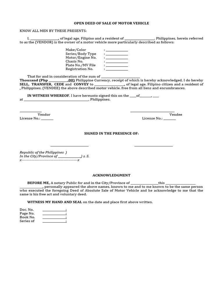 Open Deed of Sale of Motor Vehicle | PDF