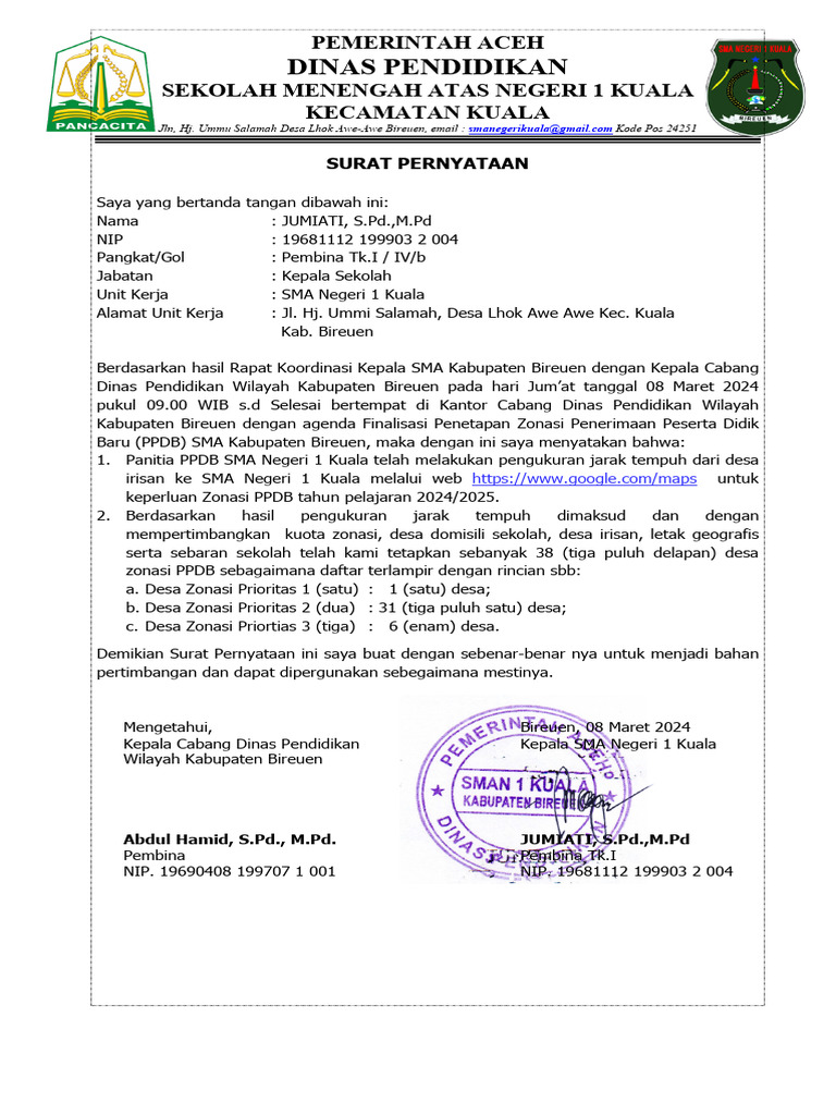 Surat Pernyataan Zonasi PPDB | PDF