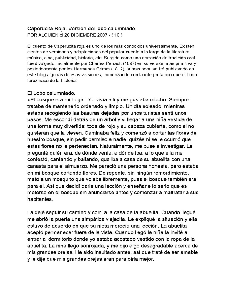 Caperucita Roja: La Versión del Lobo | PDF | Caperucita Roja