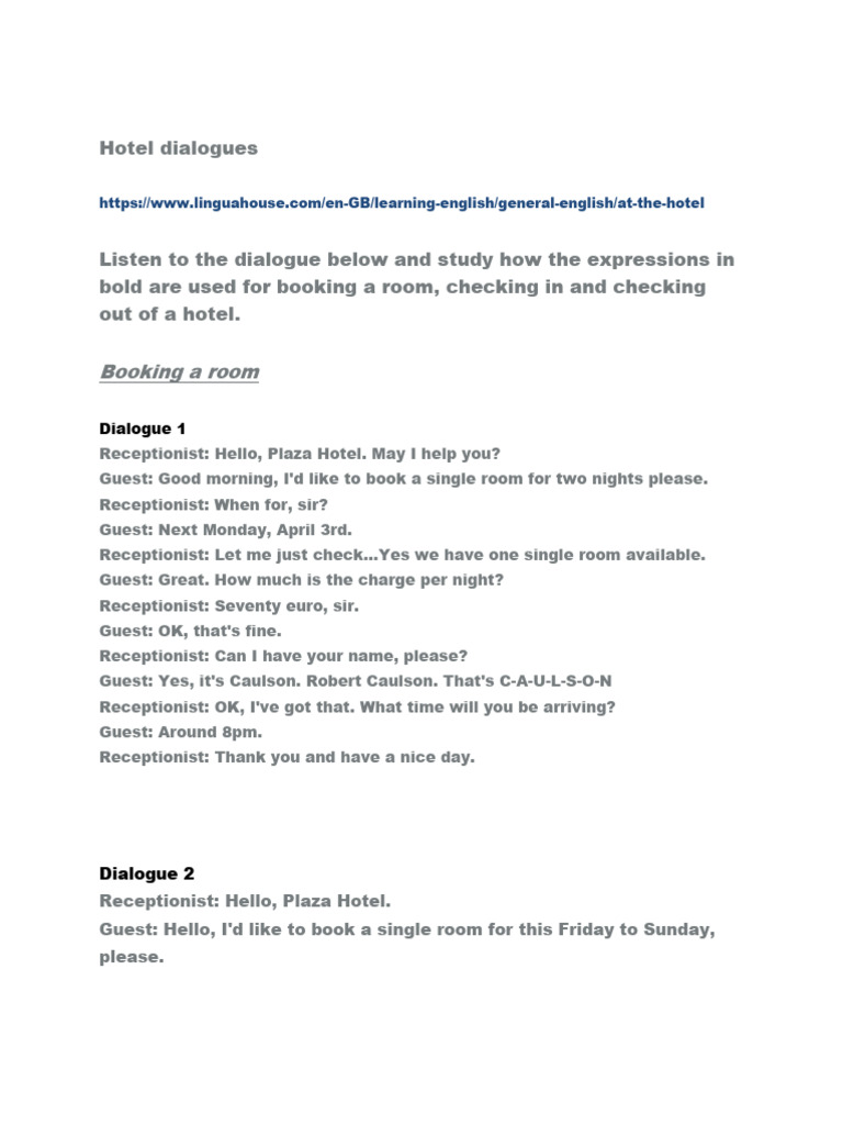 Hotel Dialogues | PDF | Foreign Language Studies