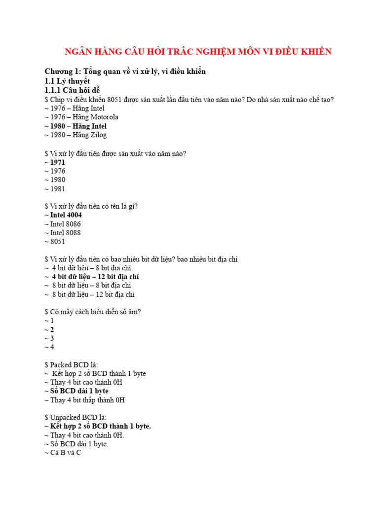 (123doc) Ngan Hang Cau Hoi Trac Nghiem Mon Vi Dieu Khien | PDF