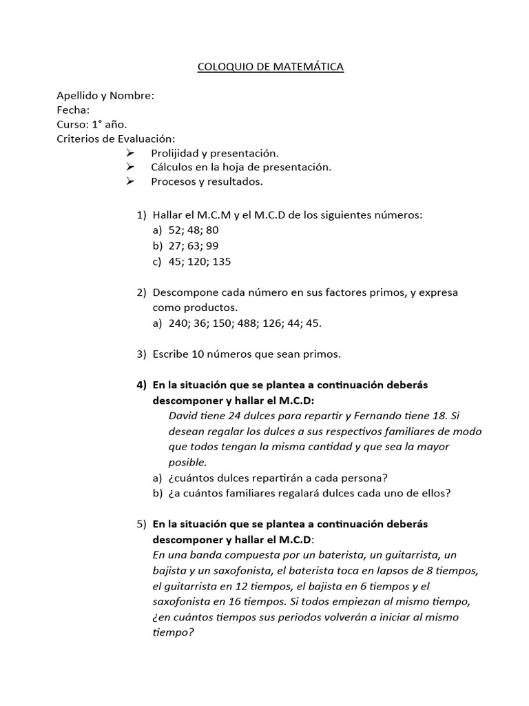 coloquio matemática 1er | PDF
