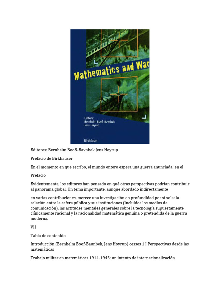 MATEMÁTICAS Y GUERRA Bernhelm Booß-Bavnbek Jens Hoyyrup Birkhauser Math ...