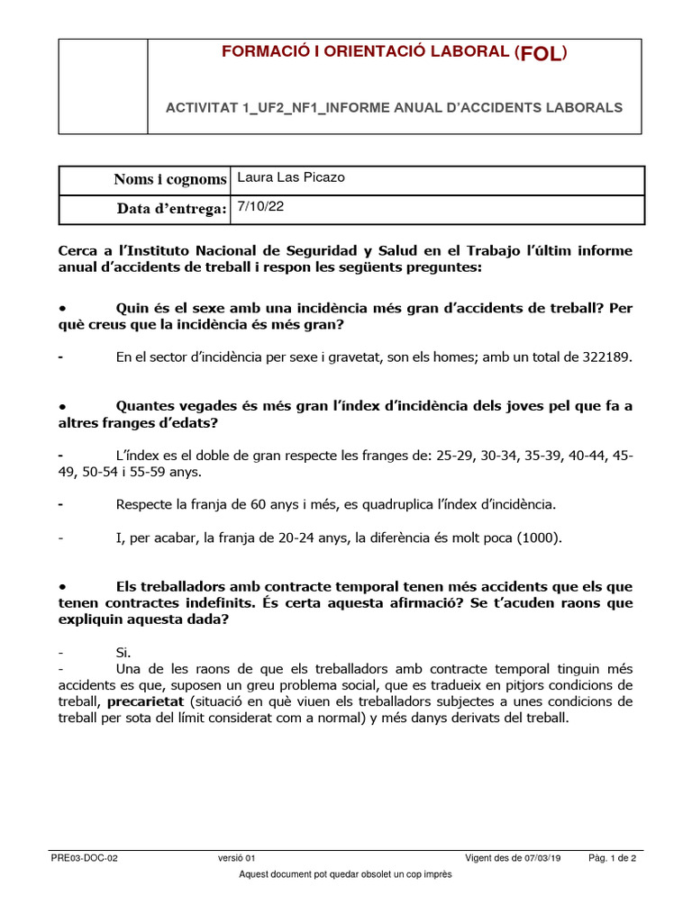 Act.2 - Uf2 - nf1 - Informe Anual Daccidents Laborals Laura Las | PDF