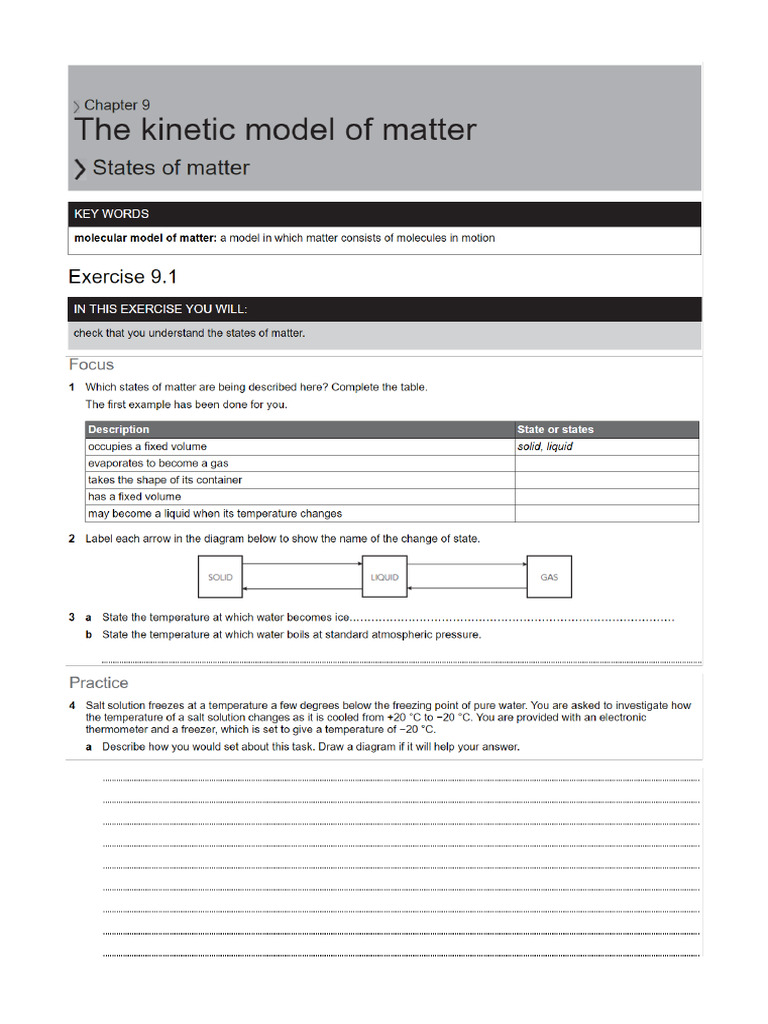9 Kinetic Particle Model of Matter Workbook Questions | PDF