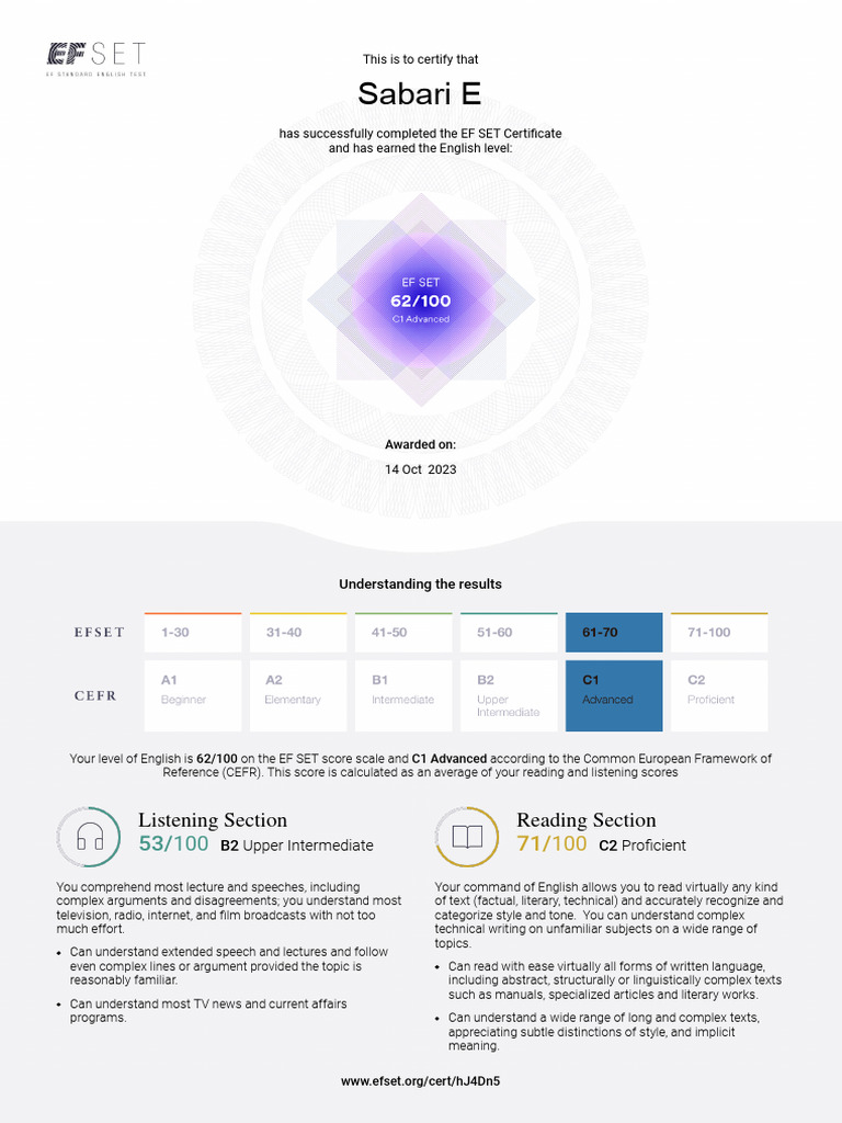 EF SET Certificate | PDF | Language Arts & Discipline