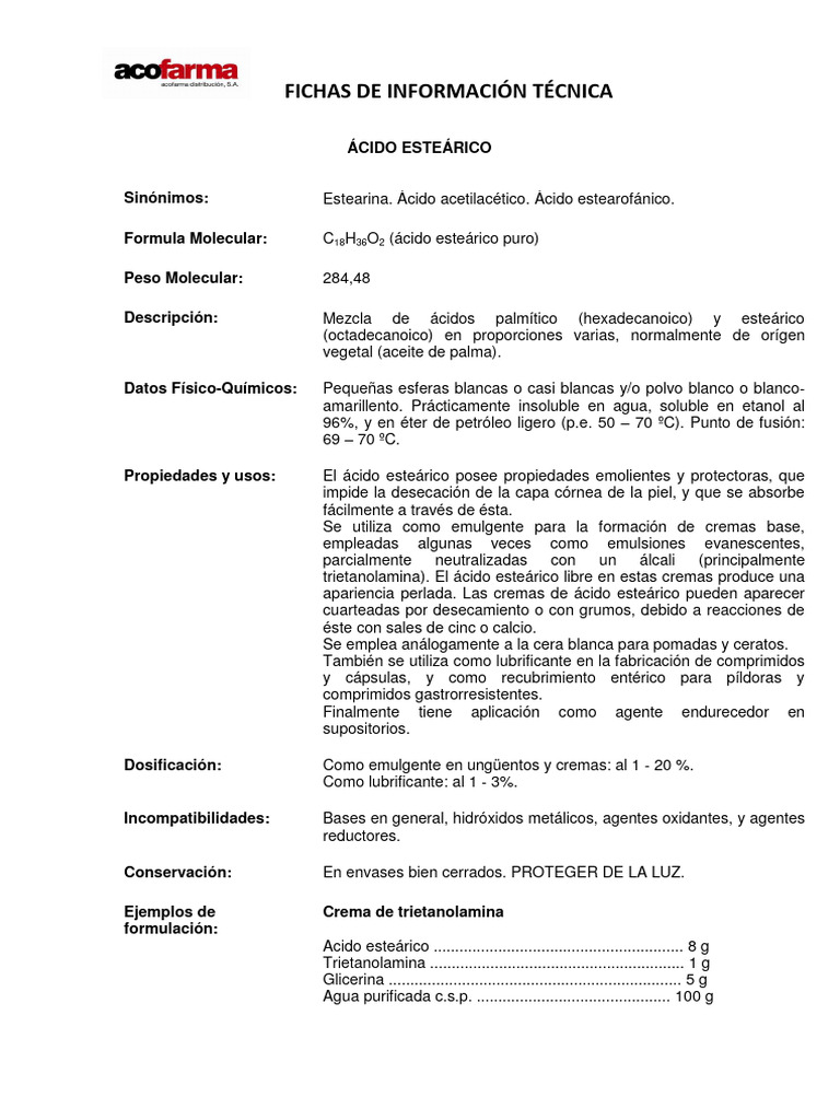 Ficha Técnica del Ácido Esteárico | PDF | Tableta (Farmacia) | Ácido