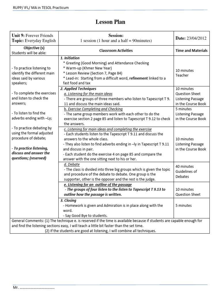 Lesson Plan (23. 04. 2012) | PDF | Learning | Human Communication