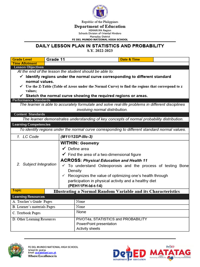 Daily Lesson Plan in Statistics and Probability | PDF | Osteoporosis | Probability Distribution