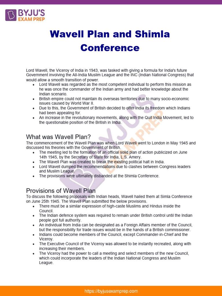 Wavell Plan And Shimla Conference Upsc Notes 30 PDF Muhammad Ali