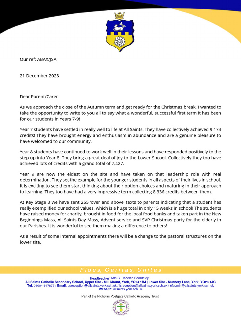 End of Term Letter Y7 - 9 December 2023 | PDF | Sports & Recreation ...