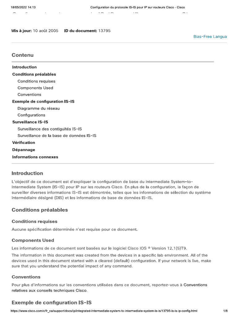 Configuration Du Protocole IS-IS Pour IP Sur Routeurs Cisco | PDF