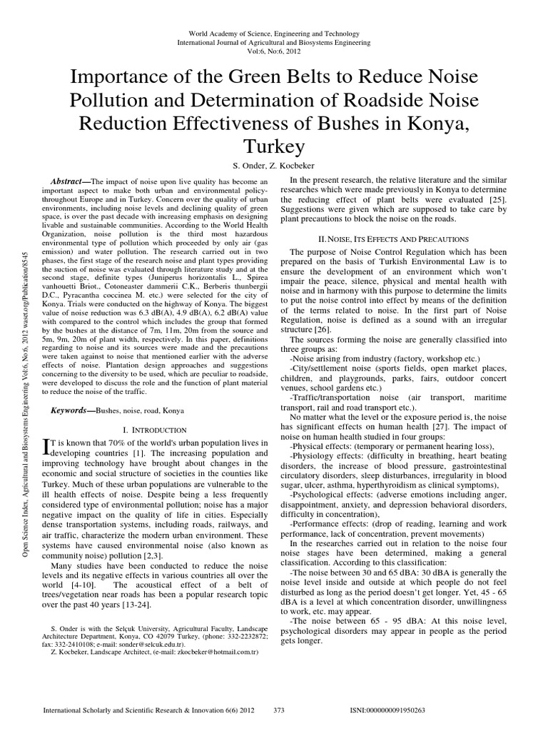 Importance of The Green Belts To Reduce Noise Pollution and Determination of Roadside Noise ...