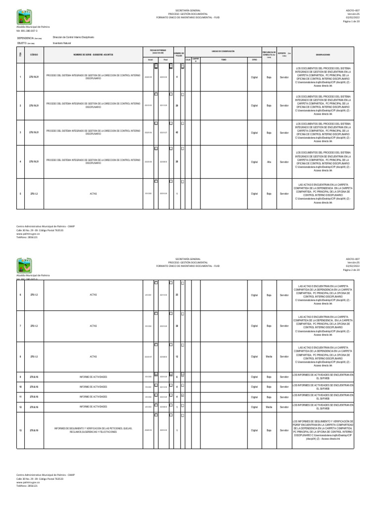 SEPTIEMBRE 15 2023 ADCFO-007 INVENTARIO DOCUMENTAL - FUID Correcciones | PDF | Gestión de ...