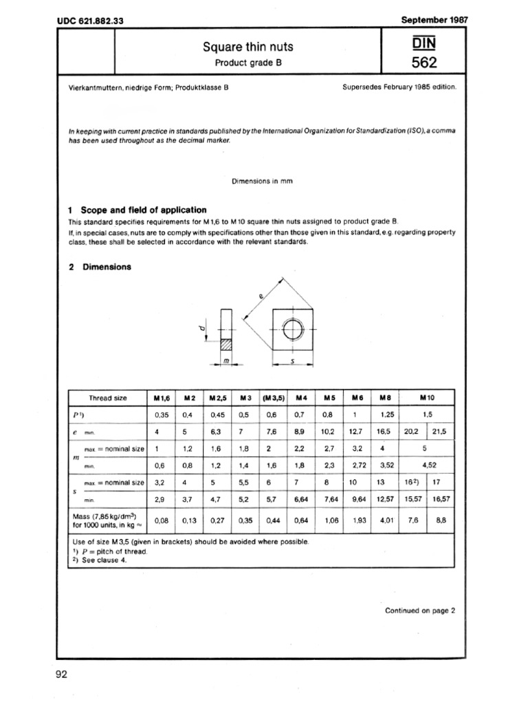 DIN 562 - 1987 Square Thin Nuts (Product Grade B) | PDF