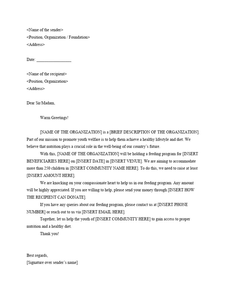 Solicitation Letter Sample Template For Feeding Program | PDF