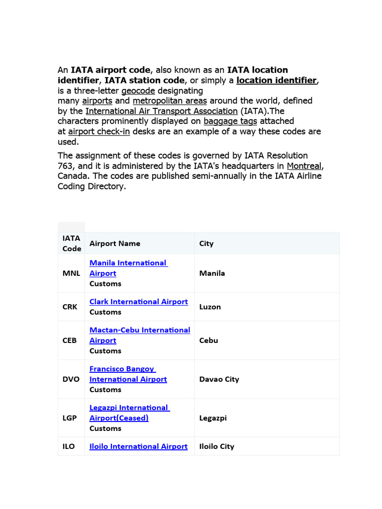 IATA Airline and Airport or City Codes and Terminologies | PDF ...