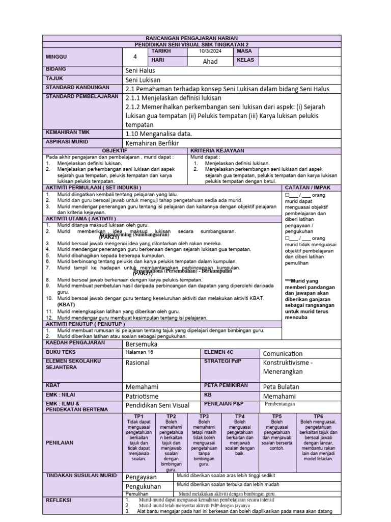 RPH Minggu 4 SMK PSV Tingkatan 2 2024-2025 by Cikgu Gorgeous | PDF