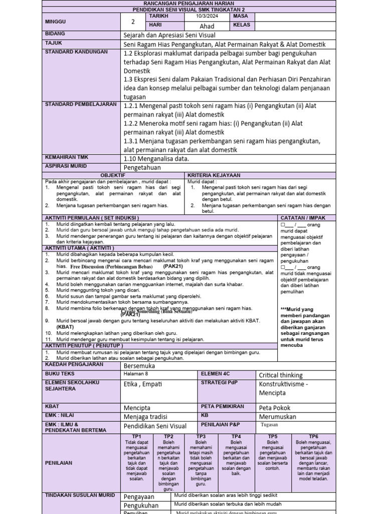 RPH MINGGU 2 SMK PSV TINGKATAN 2 2024-2025 BY CIKGU GORGEOUS | PDF