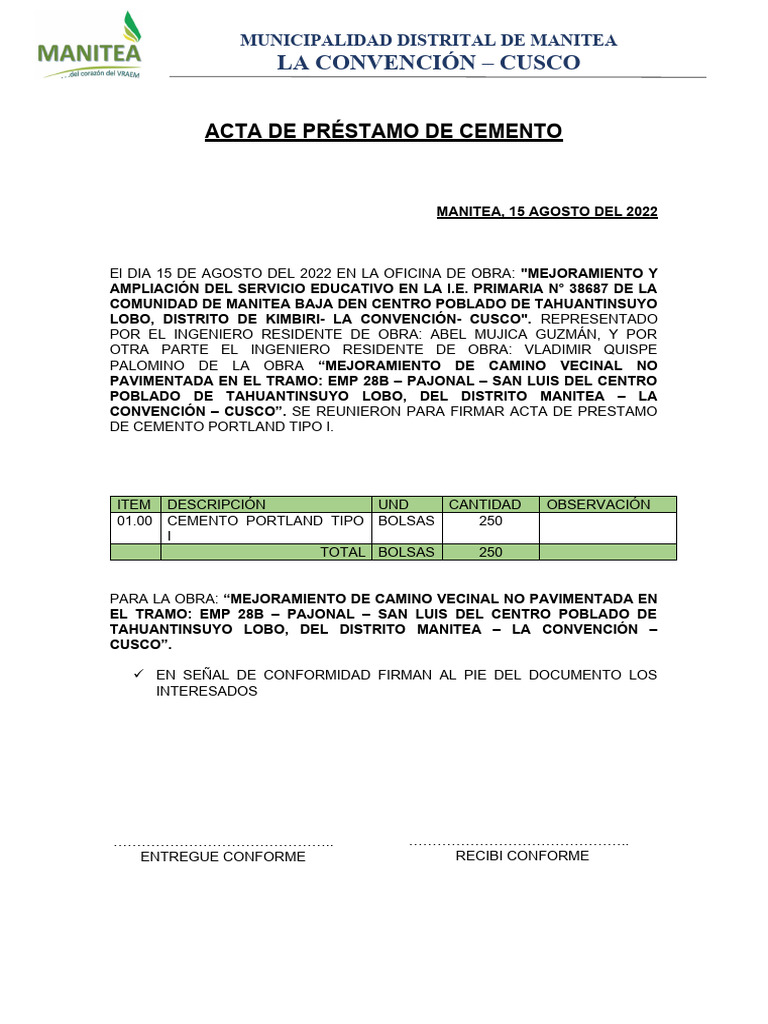 Actas de Préstamo de Materiales en Manitea | PDF | Ingeniería ...