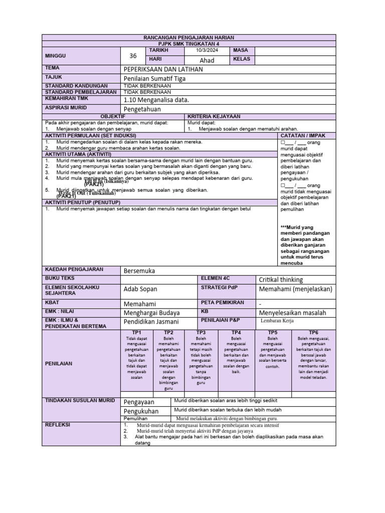 RPH SMK Minggu 36 PJPK Tingkatan 4 2024 2025 by Cikgu Gorgeous | PDF